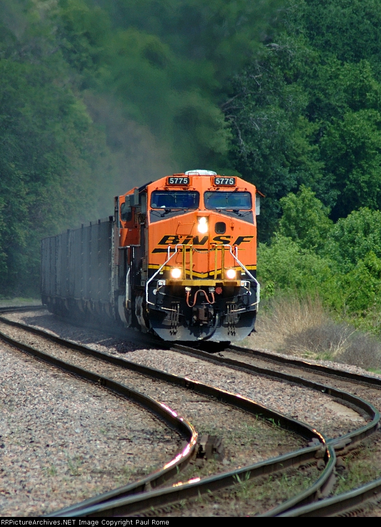 BNSF 5775 - 5694, working hard getting 18,000-tons of coal moving eastbound